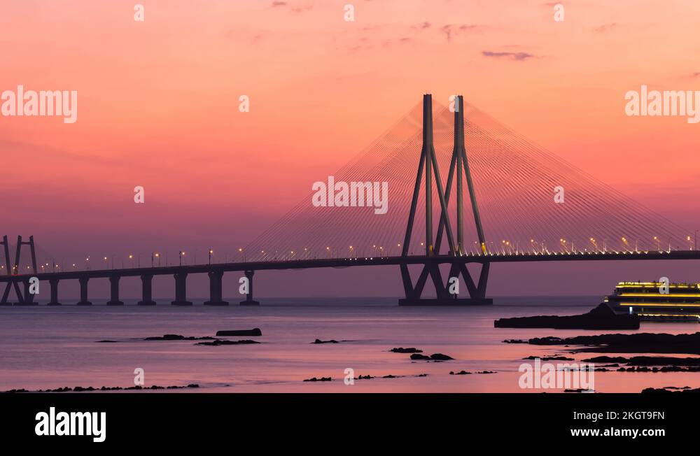 Zooming Out Footage of the Bandra Worli Sea Link, Mumbai during sunset ...