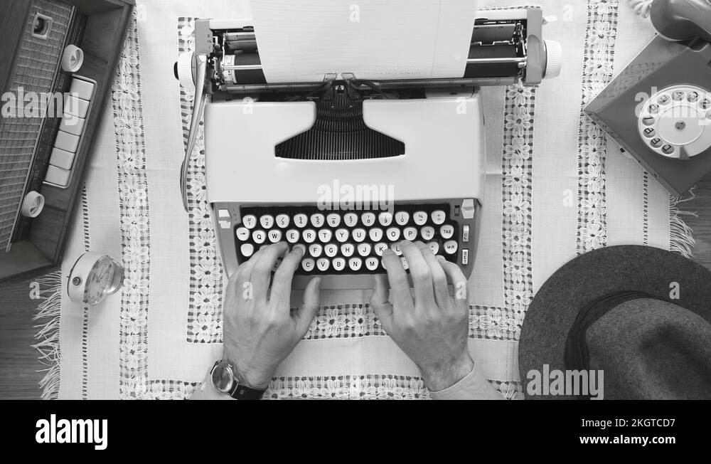 Typing on Typewriter Top View 50s 60s 70s Vintage Desk Black White ...
