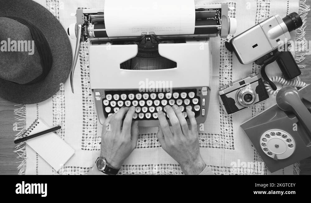 Vintage Journalist Typing on Typewriter Top View 50s 60s 70s Black ...