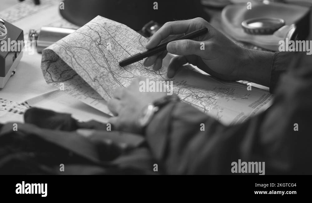Vintage Soldier Checking a Map For Strategy and Directions Black White ...