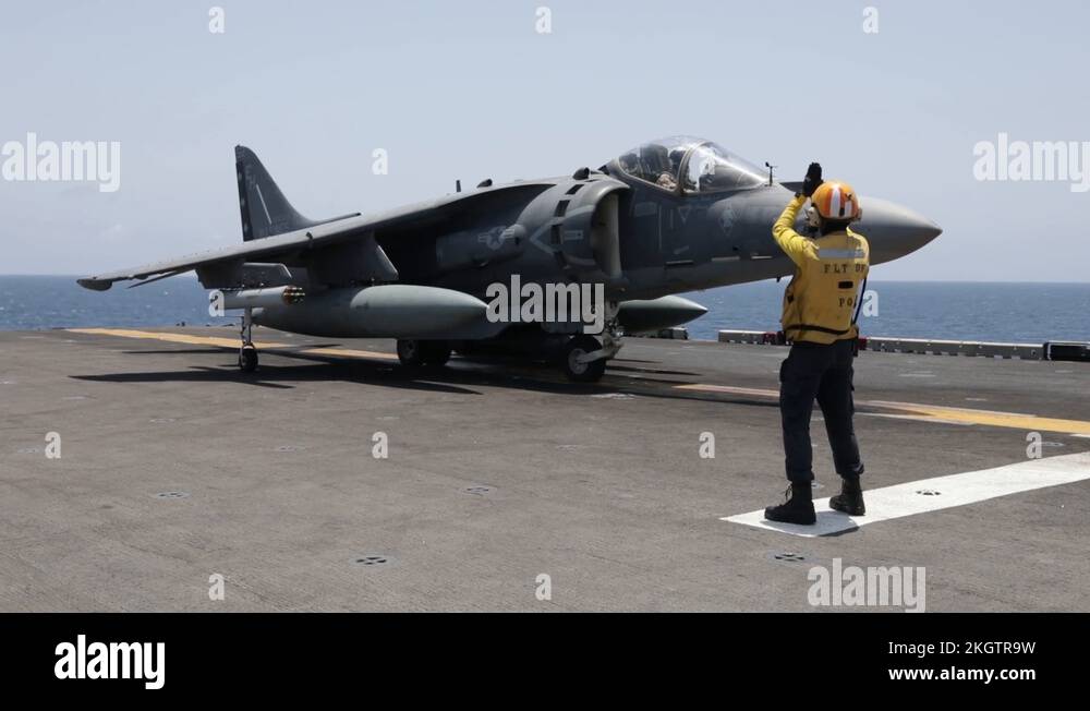 Aircraft handler signalling to pilot of AV-8B Harrier aboard USS ...