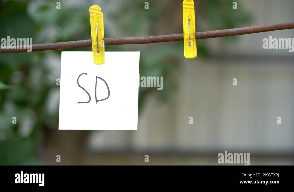 Papers with words SD and Huawei hanging on rod. Man hand hang word on ...