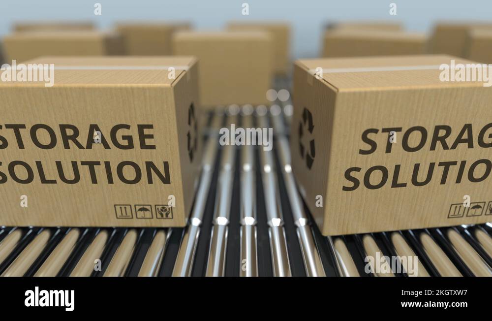 Carton boxes with STORAGE SOLUTION text move on roller conveyor ...