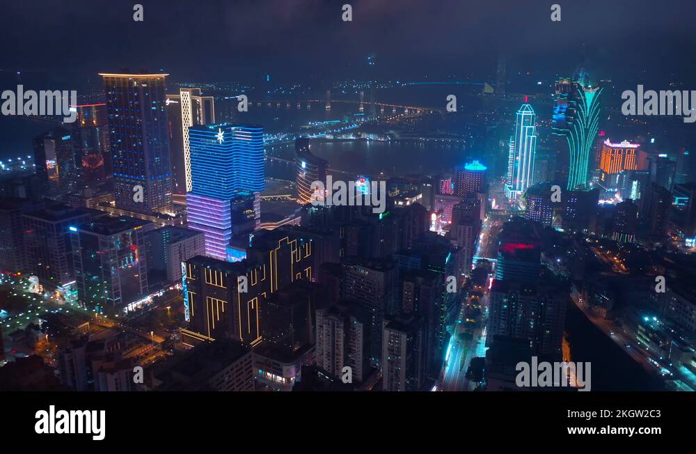 night macau bay famous downtown hotel aerial panorama 4k china Stock ...