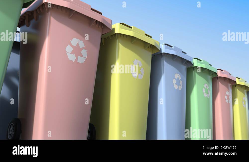 Multicolor plastic trash containers with wheels. Loopable animation ...