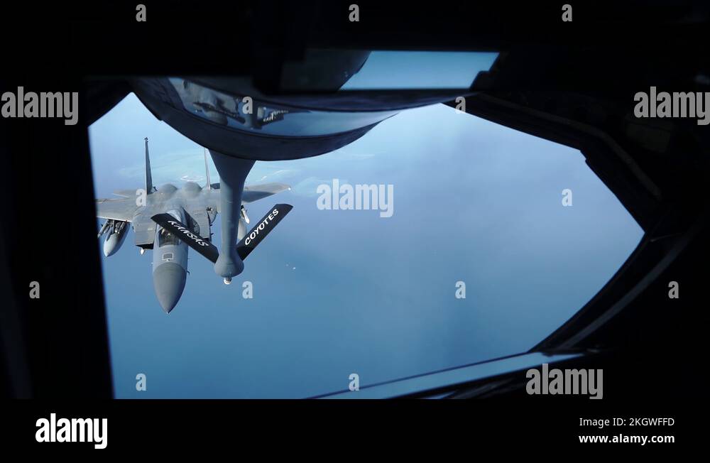 F-15 Eagle approaching boom for air to air refuel above UAE Stock Video ...
