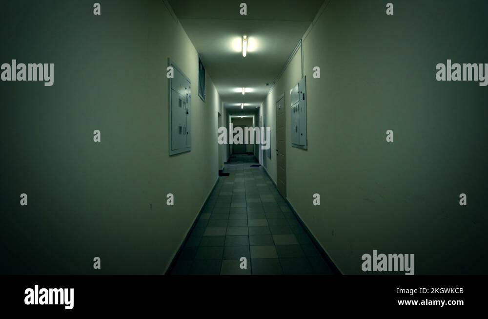 Empty Long Dark Horror Corridor with Zoom Effect Stock Video Footage ...