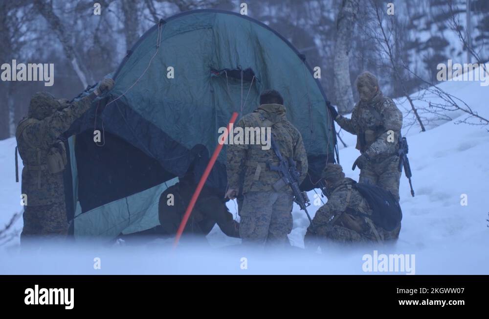Soldiers setting up tent in snow during military exercise Platinum Ren ...