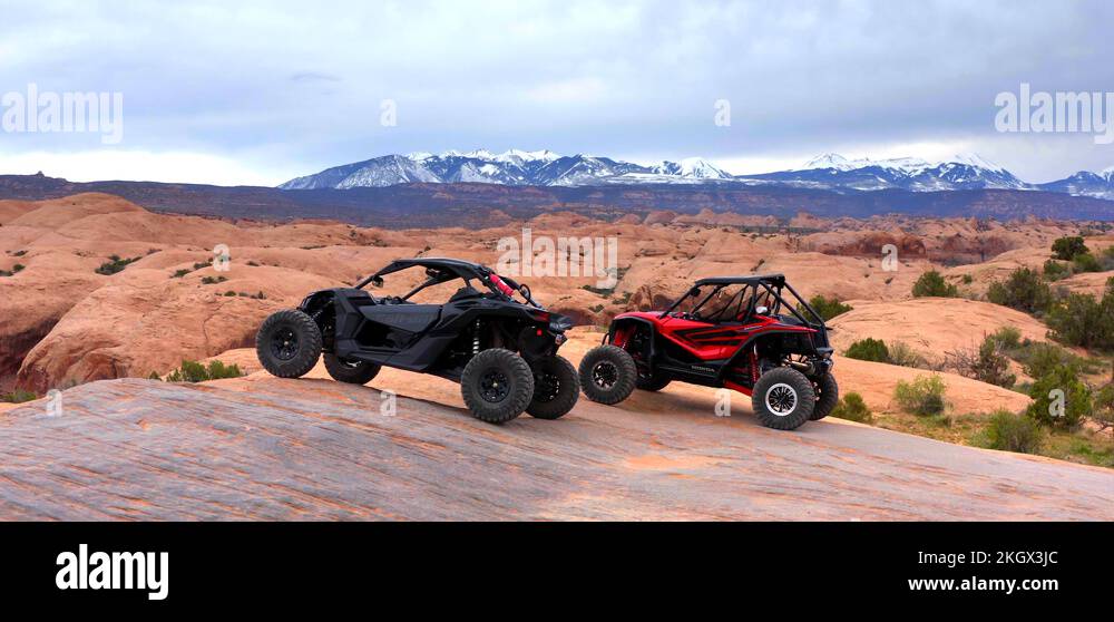Two Empty Dune Buggies on Canyon with Mountain Behind, Visit Utah Stock ...