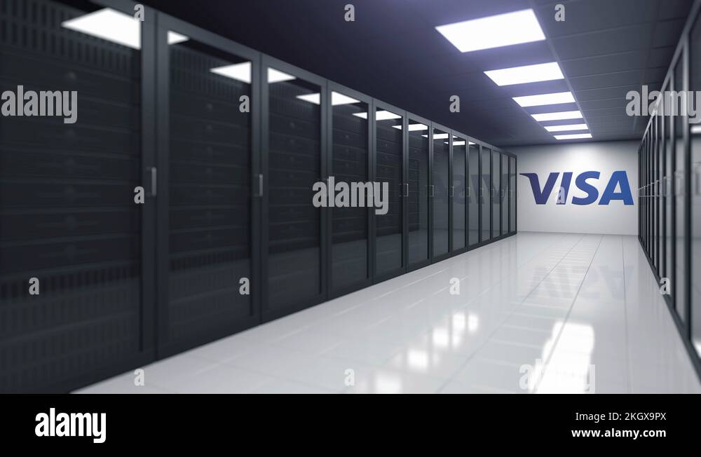 Logo of VISA on the wall of a server room, editorial 3D animation Stock ...