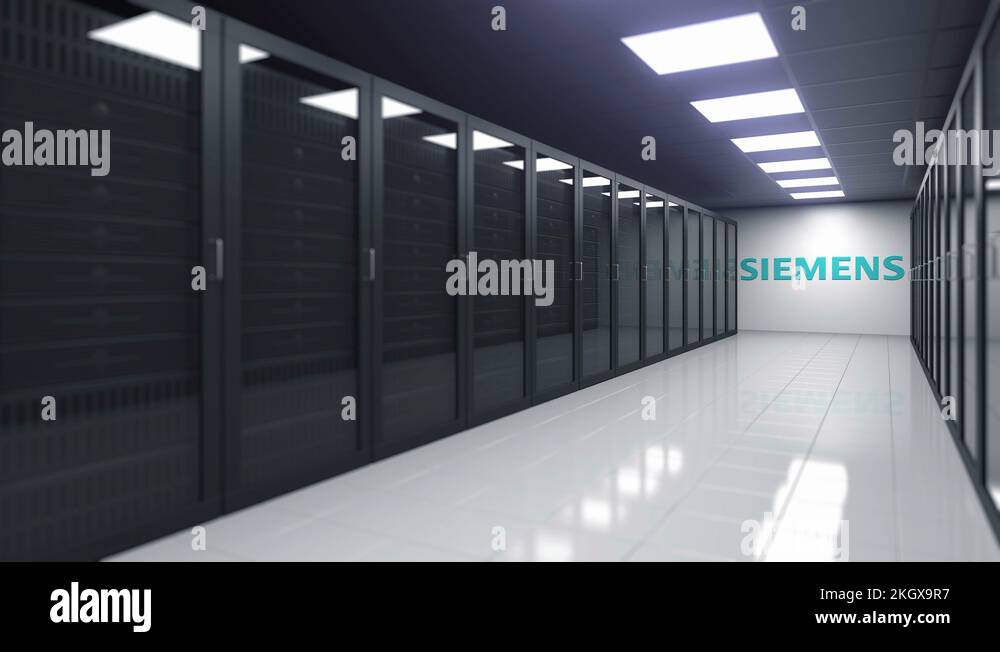 Logo of SIEMENS on the wall of a server room, editorial 3D animation ...
