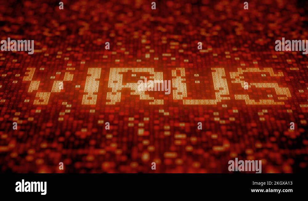 Flashing hexadecimal symbols on a red computer screen compose VIRUS word Stock Video Footage - Alamy