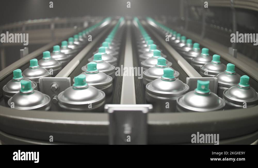 Countless aluminium spray cans on a pipeline in the factory looping ...