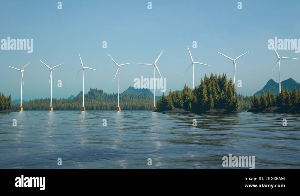 Offshore Wind turbines farm producing electricity from the force of a ...