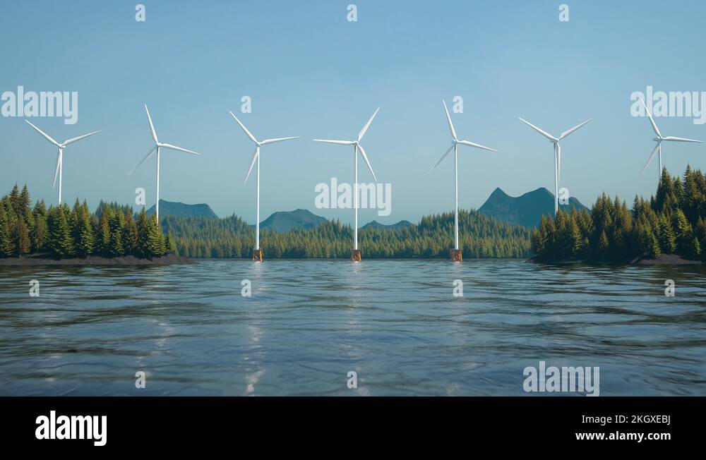 Offshore Wind turbines farm producing electricity from the force of a ...