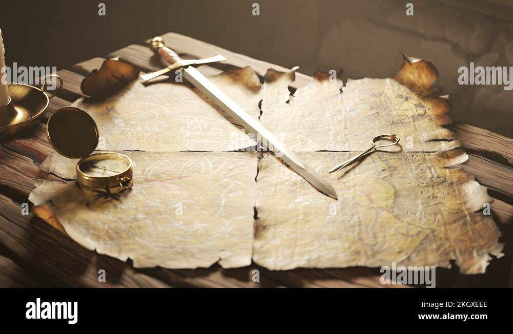 Old, worn, handmade treasure map on a cartoon tavern table. Sword and ...