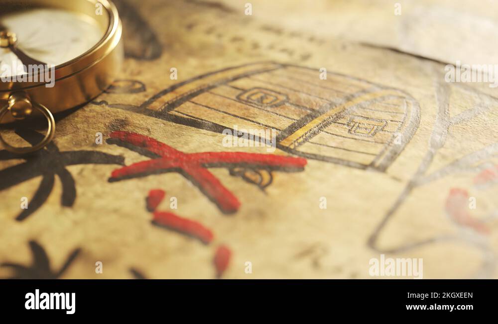 Old, worn handmade treasure map on a cartoon tavern table with sword ...