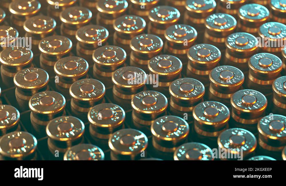 Rows of .50 BMG machine gun ammunition in plastic container. Loop ...