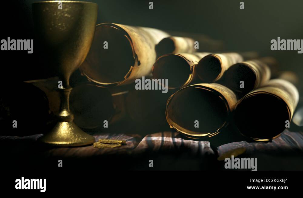 Hand-drawn ancient map with animated drawings rolls out on the wooden ...