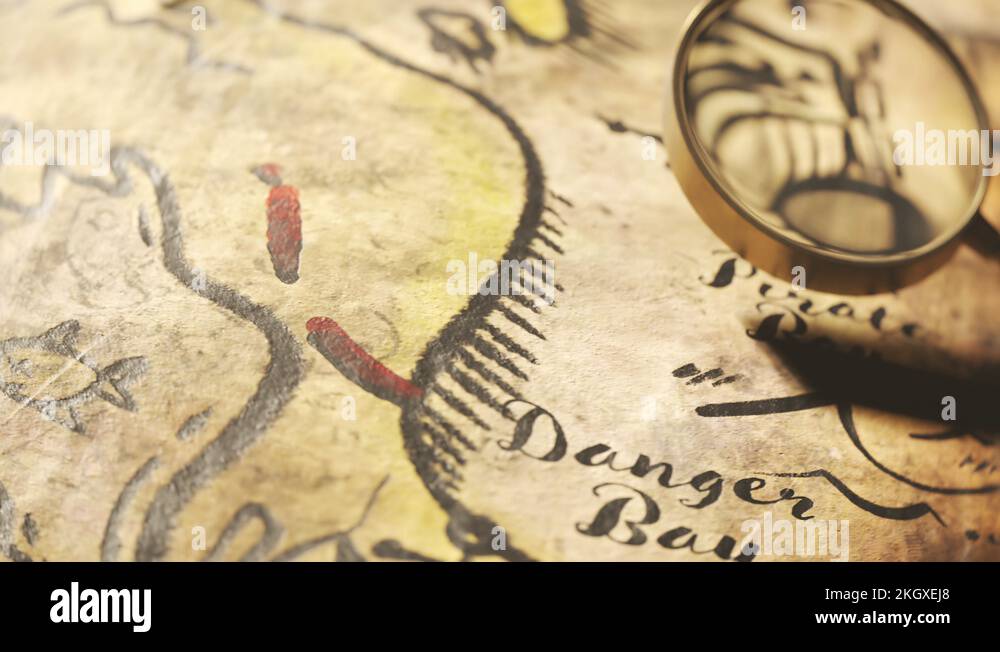 Funny hand-drawn ancient map with animated cartoon and magnifying glass ...