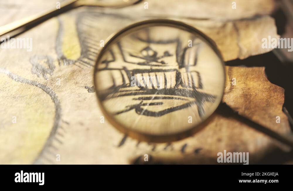 Funny hand-drawn ancient map with animated cartoon and magnifying glass ...