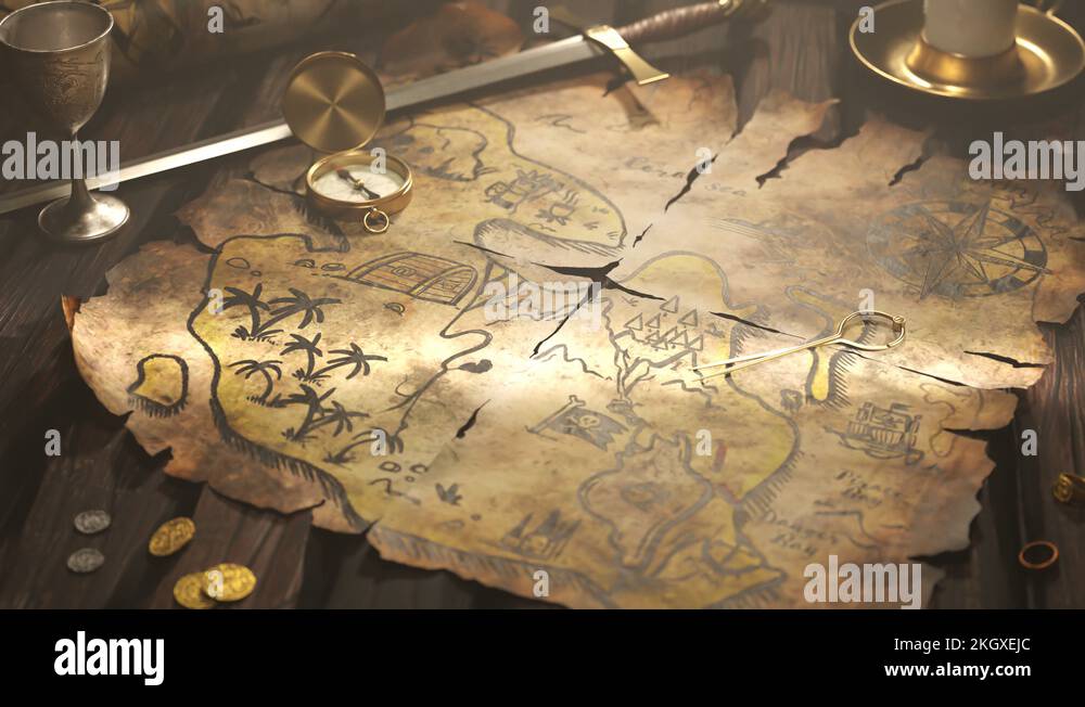 Funny hand-drawn ancient map with animated drawings. Treasure chest ...