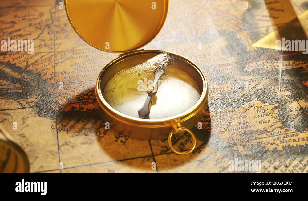 Bermuda triangle marked with golden ink on a vintage map. Compass ...