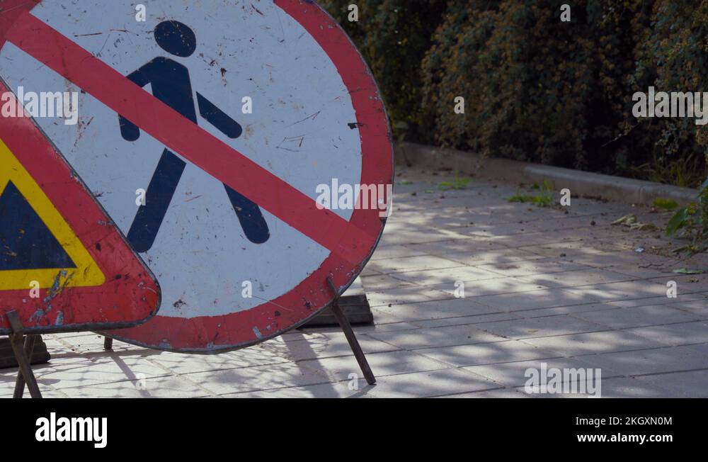 Man walk past by prohibition sign. The sign “no pass” on tile for ...