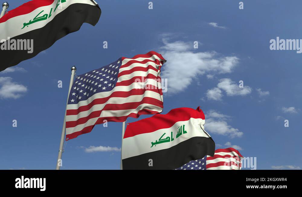 Flags of Iraq and the USA at international meeting, loopable 3D ...