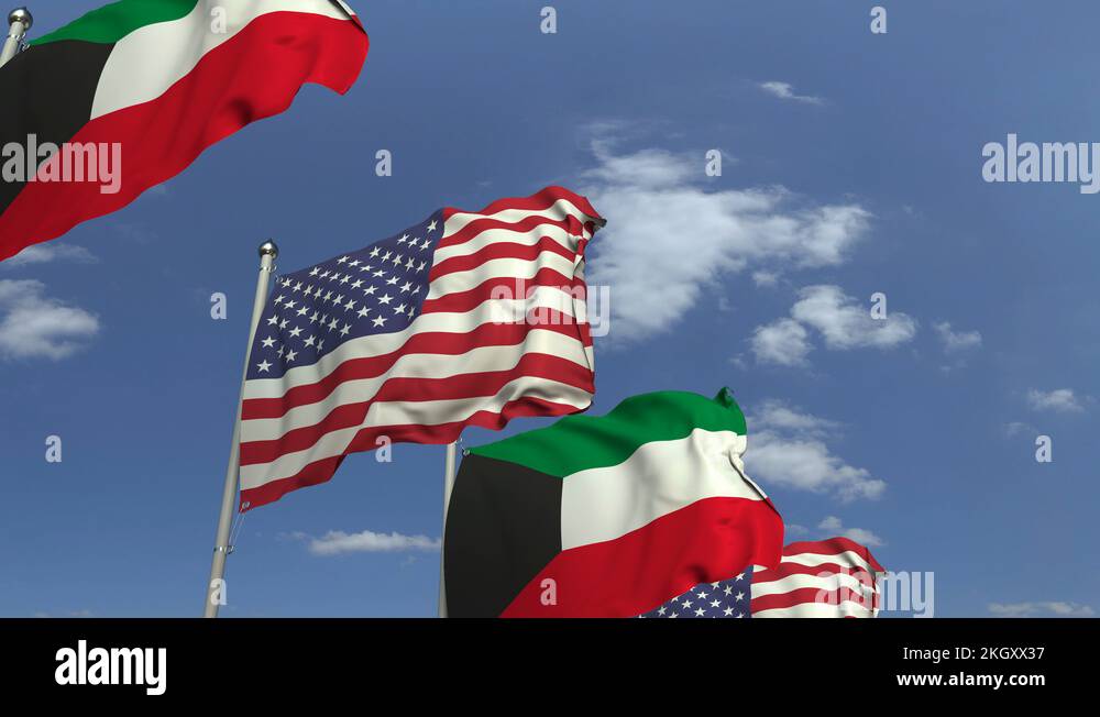 Flags of Kuwait and the USA at international meeting, loopable 3D ...