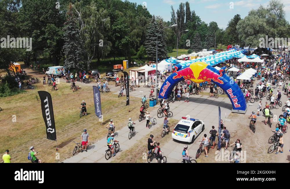Kiev/Ukraine-June,1 2019 Group of bike riders passing finish line with ...