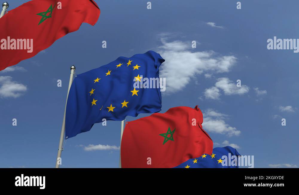 Waving flags of Morocco and the EU on sky background, loopable 3D ...