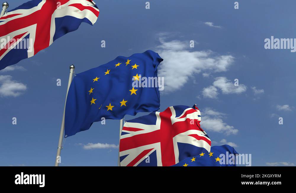 Waving flags of Britain and the EU on sky background, loopable 3D ...
