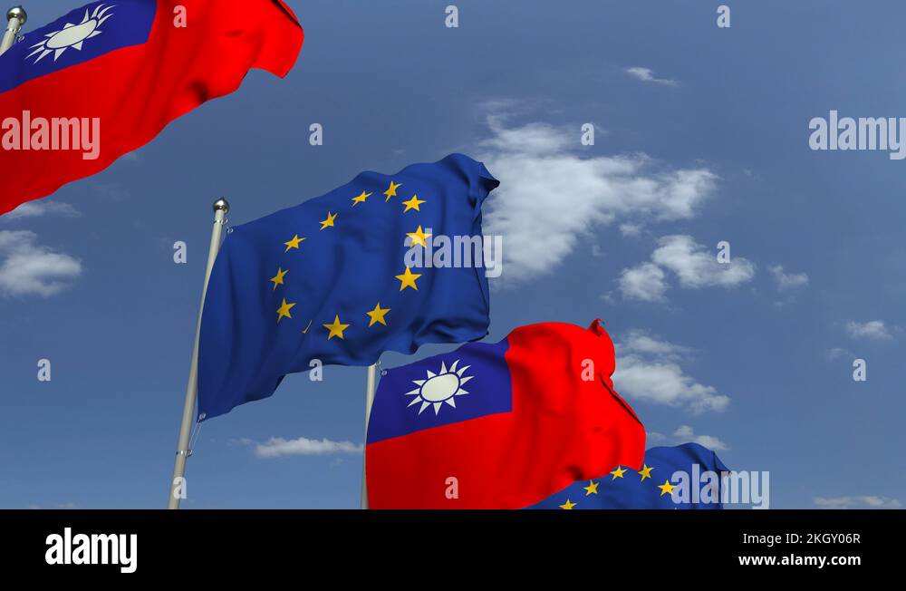 Row of waving flags of Taiwan and the European Union EU, loopable 3D ...