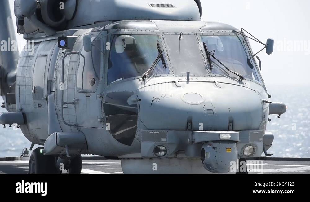 Pilots inside cockpit of Turkish S-70B Seahawk aboard USS Mount Whitney ...
