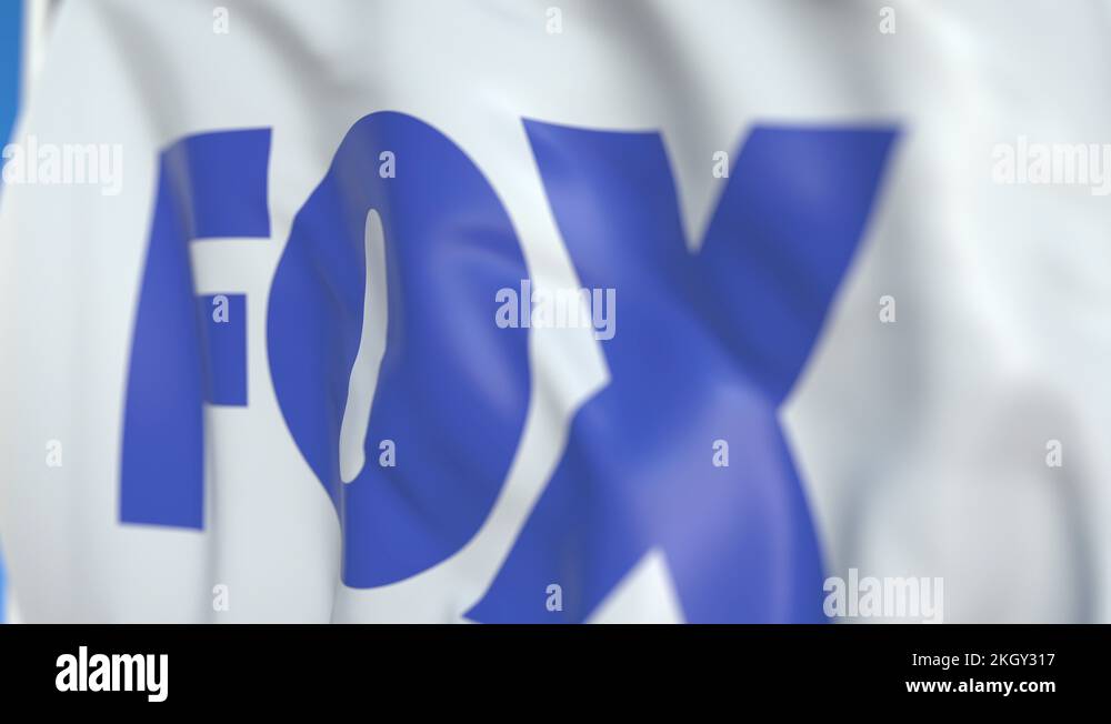 Waving flag with Fox Corporation logo, close-up. Editorial loopable 3D ...