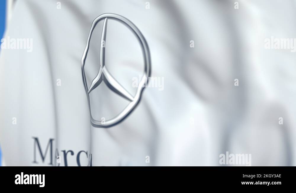 Waving flag with Mercedes-Benz logo, close-up. Editorial loopable 3D ...