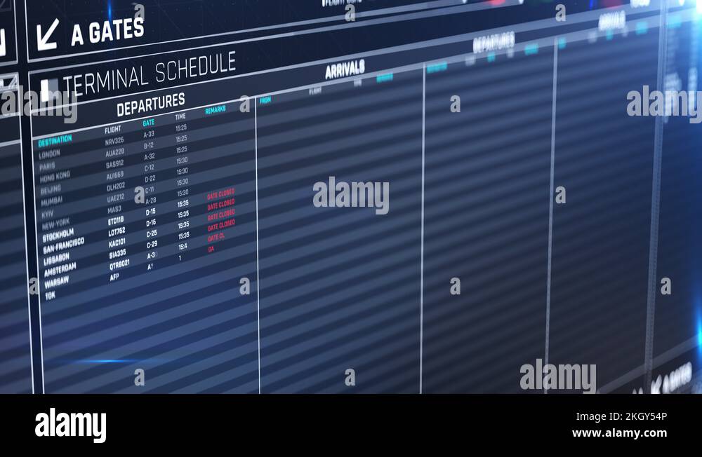 Terminal schedule on screen, airport departure board with flight ...