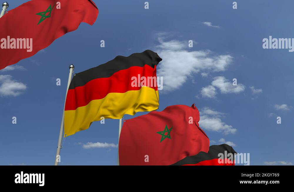 Waving flags of Morocco and Germany on sky background, loopable 3D ...
