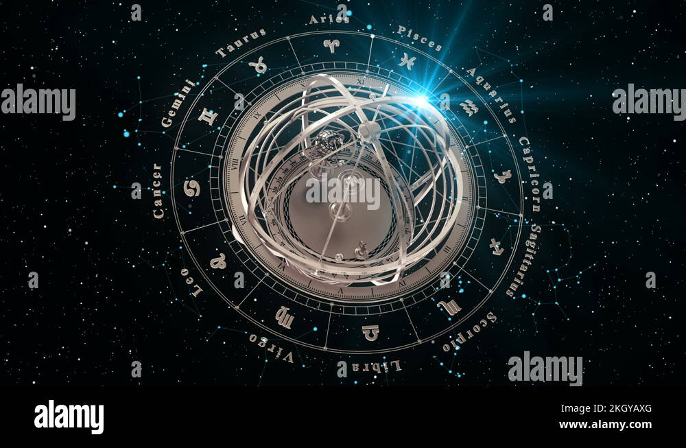 4K. Zodiac Signs and Armillary Sphere On Black Background Stock Video ...