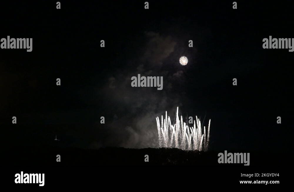 Dazzling large-scale fireworks with bright lights above the horizon ...