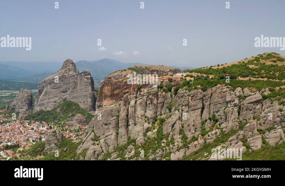 Kalampaka city, Greece. View cliffs Meteora and monasteries of Meteora ...