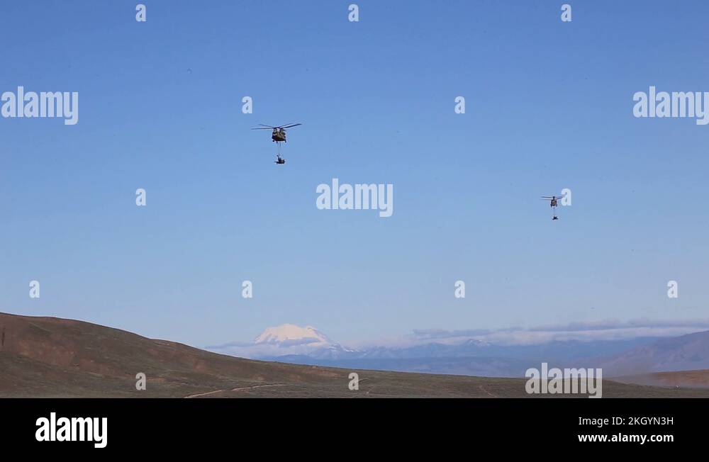 Pair of CH-47 Chinook carrying M777 Howitzers by sling load Stock Video ...