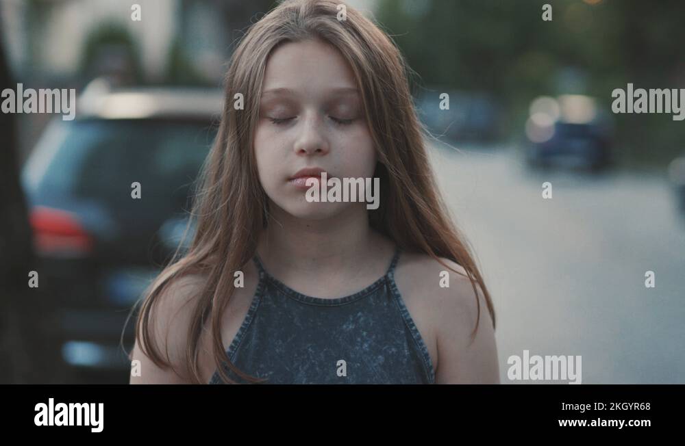 Close-up footage of Caucasian little girl. Surprised look. Terrific ...