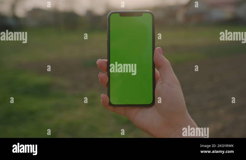 At sunset woman hands use touch green screen phone background green ...