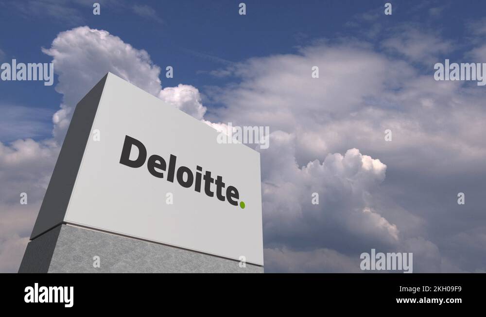 DELOITTE logo against sky background, editorial 3D animation Stock ...
