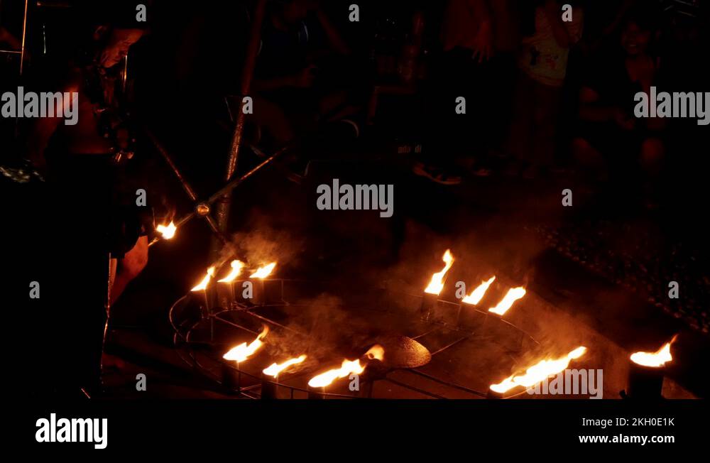 Street performer of Dayak Borneo fire show at night. 4K UHD Stock Video ...