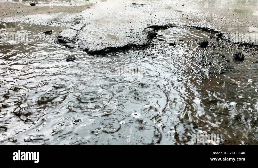 Rain water drops falling into big puddle on asphalt, flooding the ...
