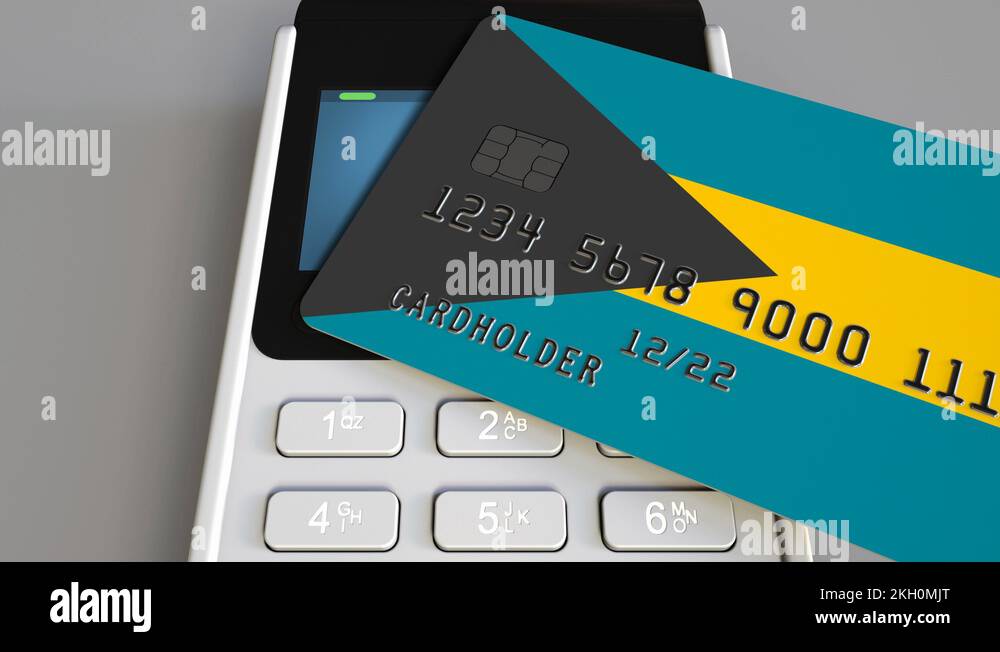 Plastic bank card featuring flag of Bahamas and POS payment terminal ...