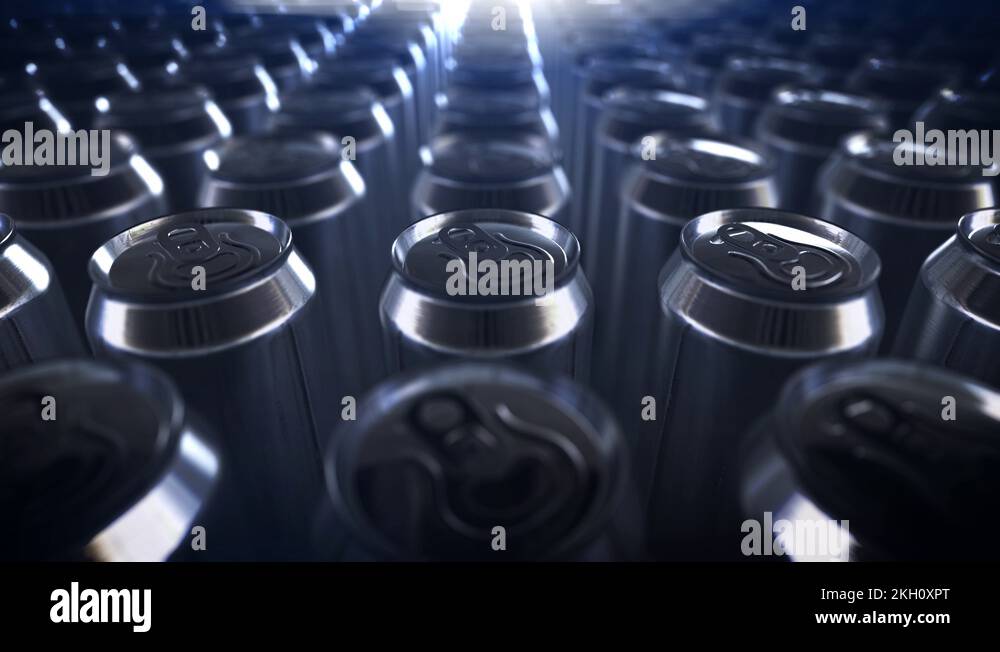 4K beer cans. aluminum soda cans energy drink loop background . tin ...